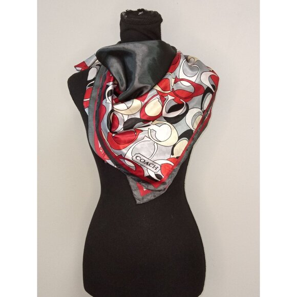 Coach | Accessories | Coach Womens 0 Silk Square Grey Red Scarf | Poshmark